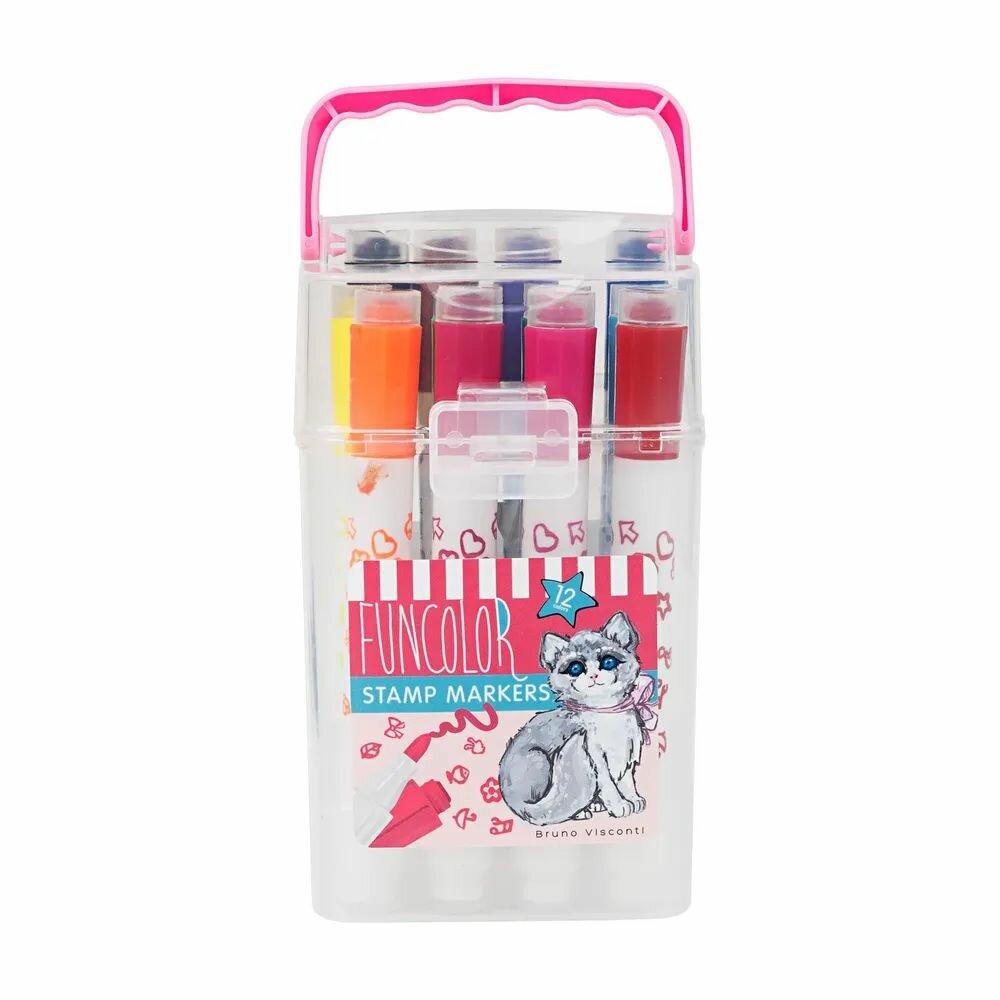 Фломастеры 12цв со штампами смываемые круглые конусовид. вент. колпачок пласт. пенал Funcolor BRUNO VISCONTI 32-0038