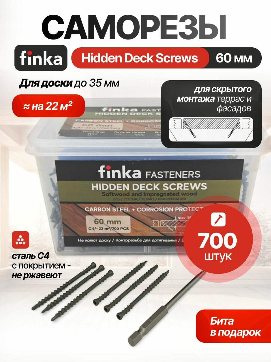 Саморезы Finka Hidden Deck Screws C4 60 mm 700 шт, для скрытого крепежа террасной доски