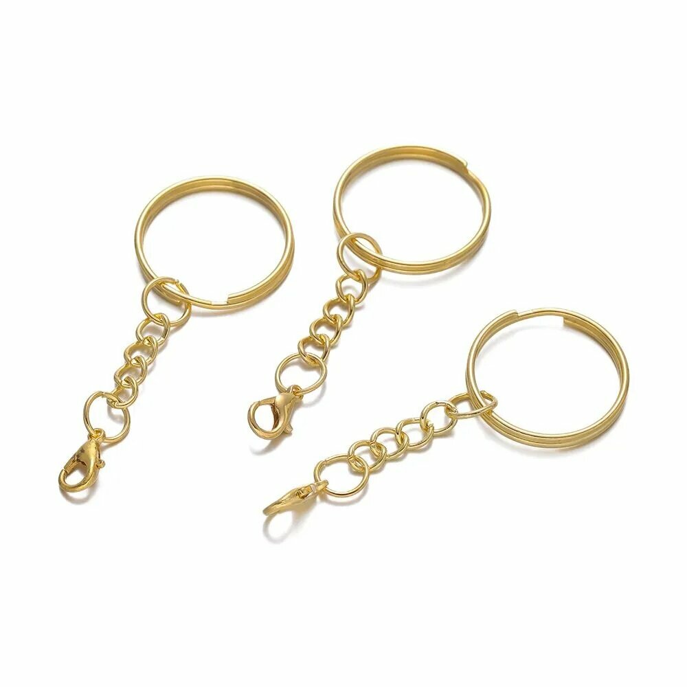 Фурнитура для брелков , кольцо плоское с цепочкой и карабином 25 мм, 10 штук, цвет золотой