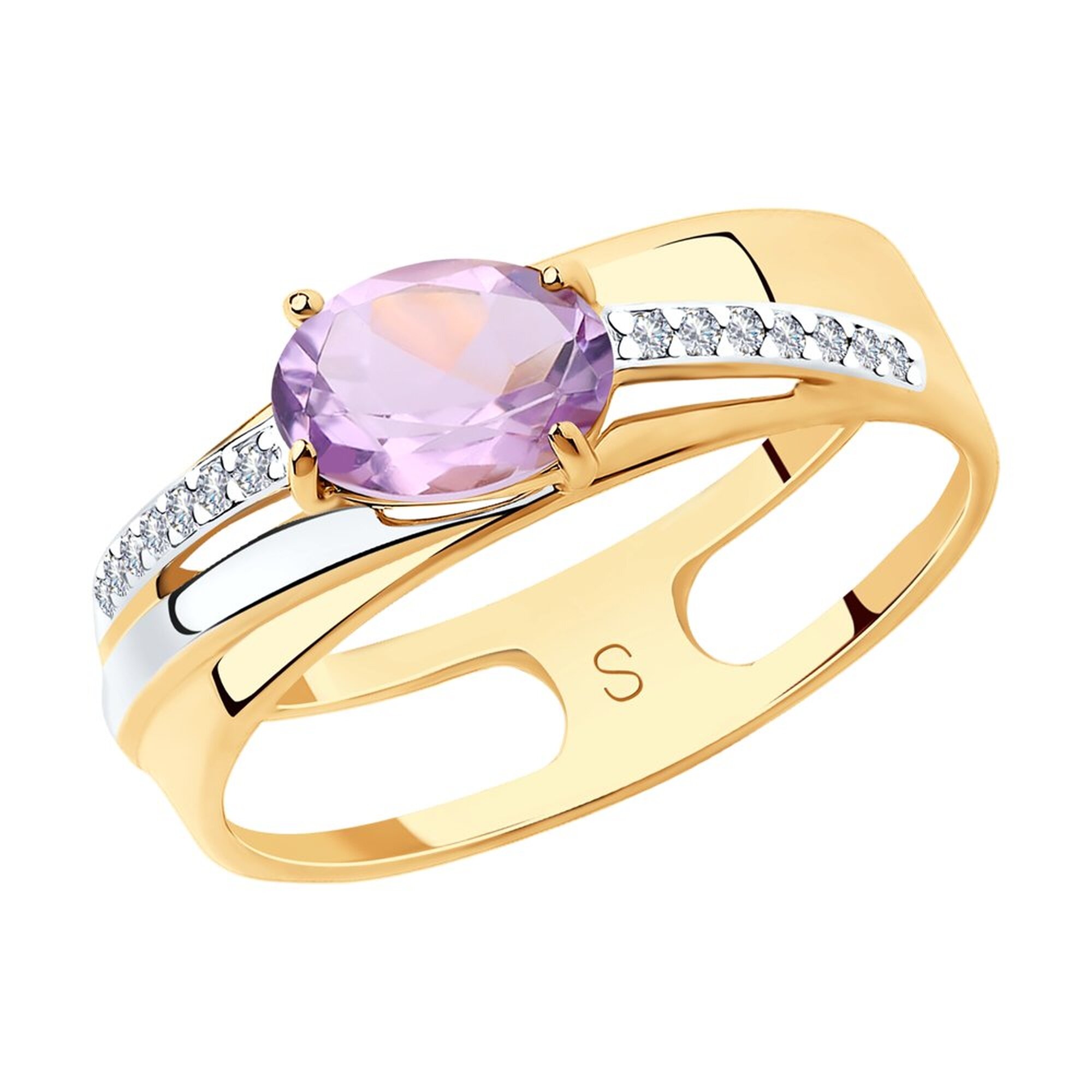 Кольцо, красное золото, 585 проба, аметист, фианит