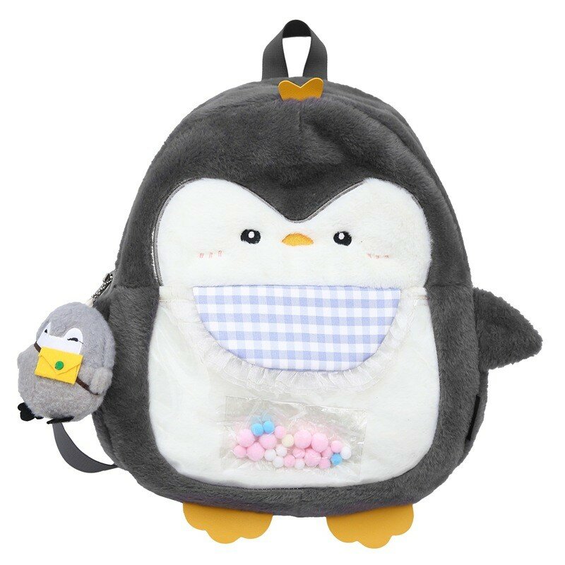 Cute penguin plush kids backpack with expandable storage and ergonomic straps