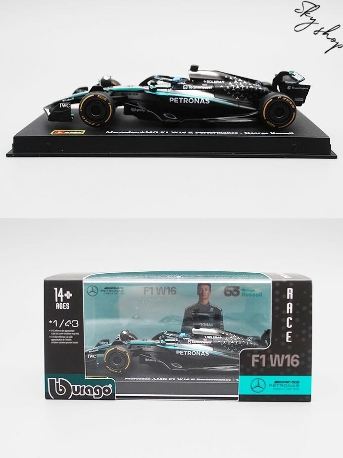 Машинка Bburago 1:43 формула 1 2025 Mercedes W16 #63 George Russell модельки машин металлические