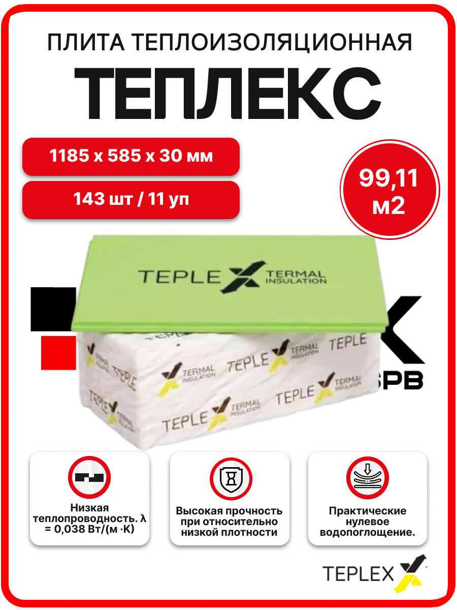 Теплекс 30 мм (11 уп. / 99,11 м2 / 143 плиты) утеплитель из пенополистирола (XPS, эппс) для стен, крыши