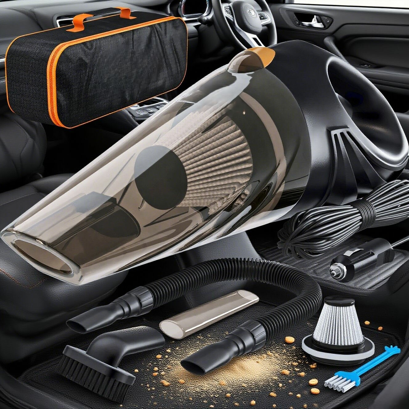 Портативный автомобильный пылесос 12V с мощным всасыванием, 16-футовым шнуром и 3 насадками. Ручной пылесос для уборки салона, шерсти животных и крошек.