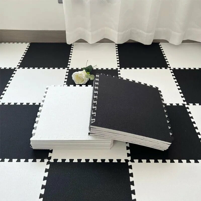 Детский коврик-пазл из льна, напольный мат для ползания, татами, противоскользящий, легко моется, цвет: бело-чёрный
