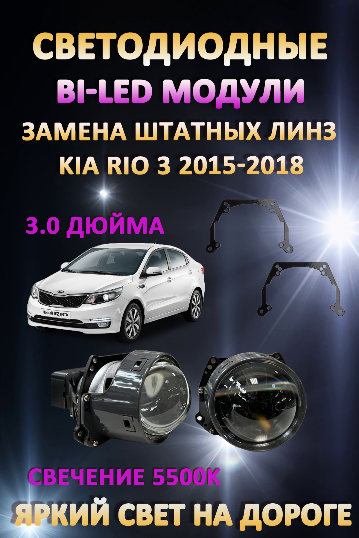 Светодиодные линзы BiLED Kia Rio 3 2015-2018 с переходными рамками