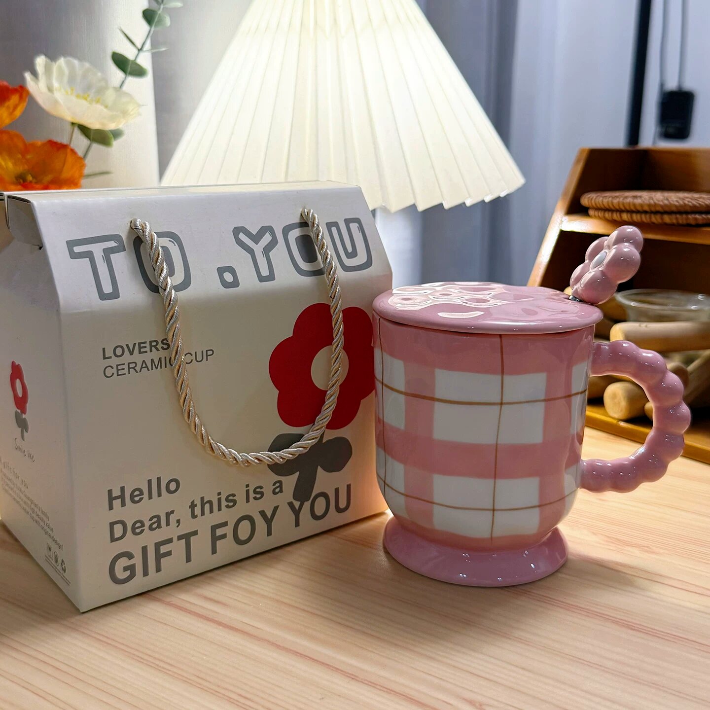 Фиолетовая кружка в клетку с крышкой и ложкой, керамическая чашка, парные чашки для воды, подарок на день рождения для