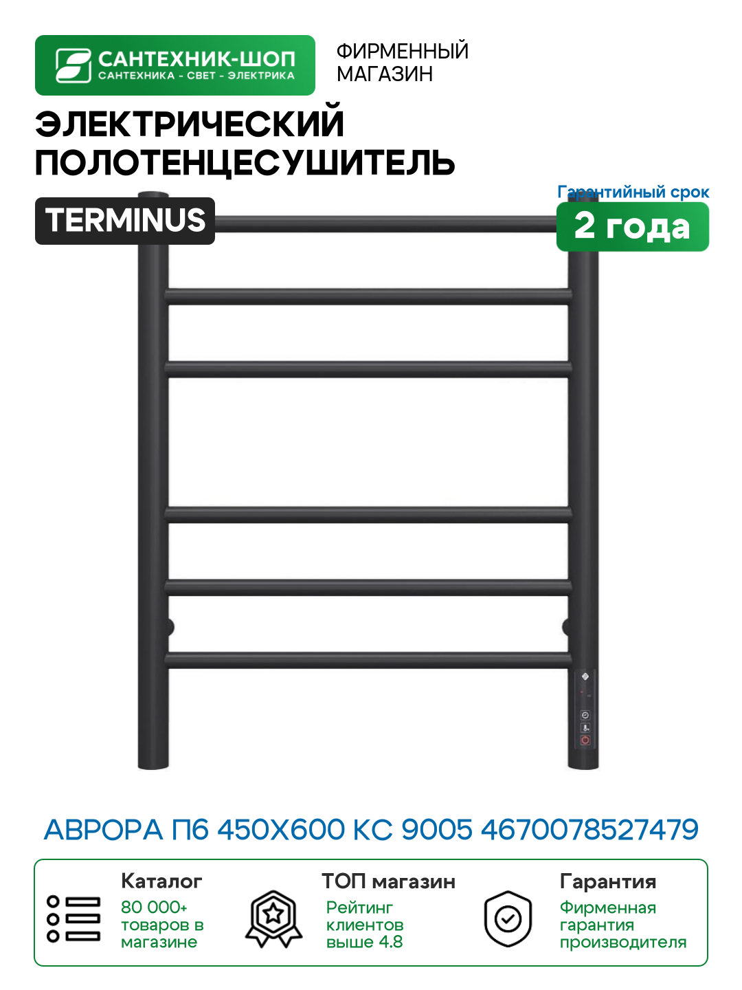 Электрический полотенцесушитель Terminus Аврора П6 450х600 КС 9005 4670078527479 Черный матовый нержавеющая сталь
