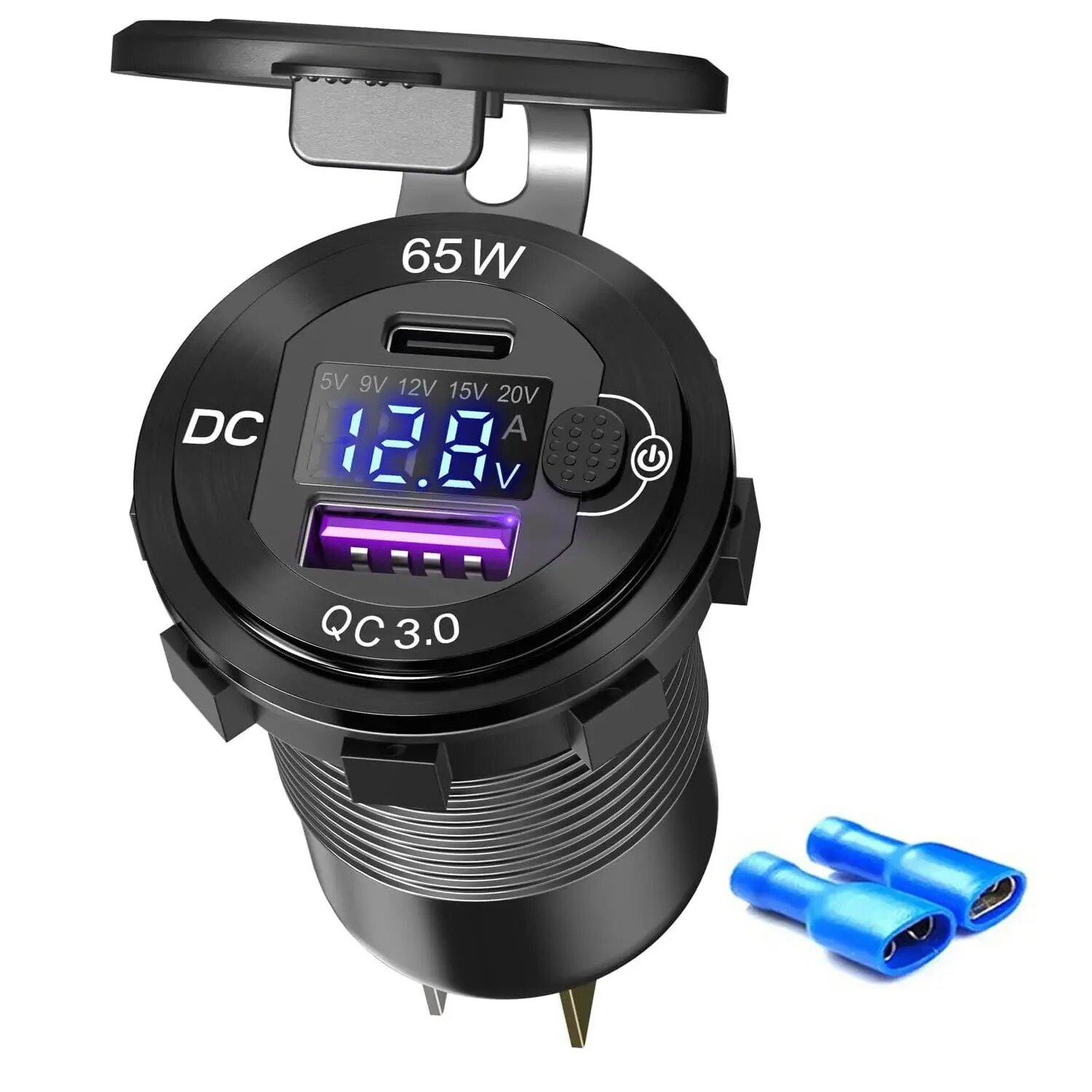 12 В/24 В USB автомобильная зарядка 83 Вт PD Type-C розетка для быстрой зарядки ноутбука с вольтметром розетка для мотоцикла адаптер для зарядки 65W PD Blue