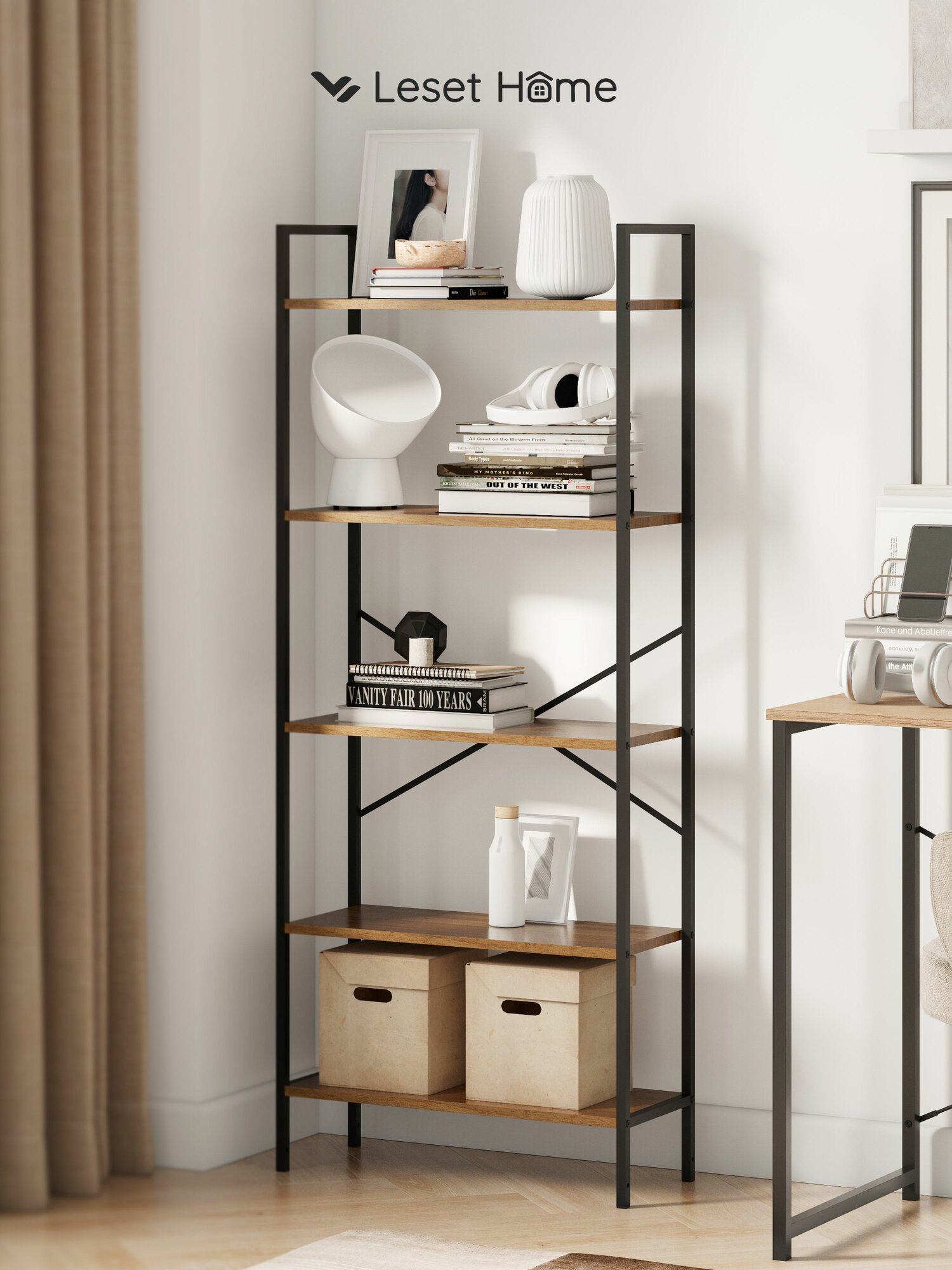 Стеллаж Leset "Стилвуд 25", чёрный/дуб крафт золотой, 5 полок, металлический каркас