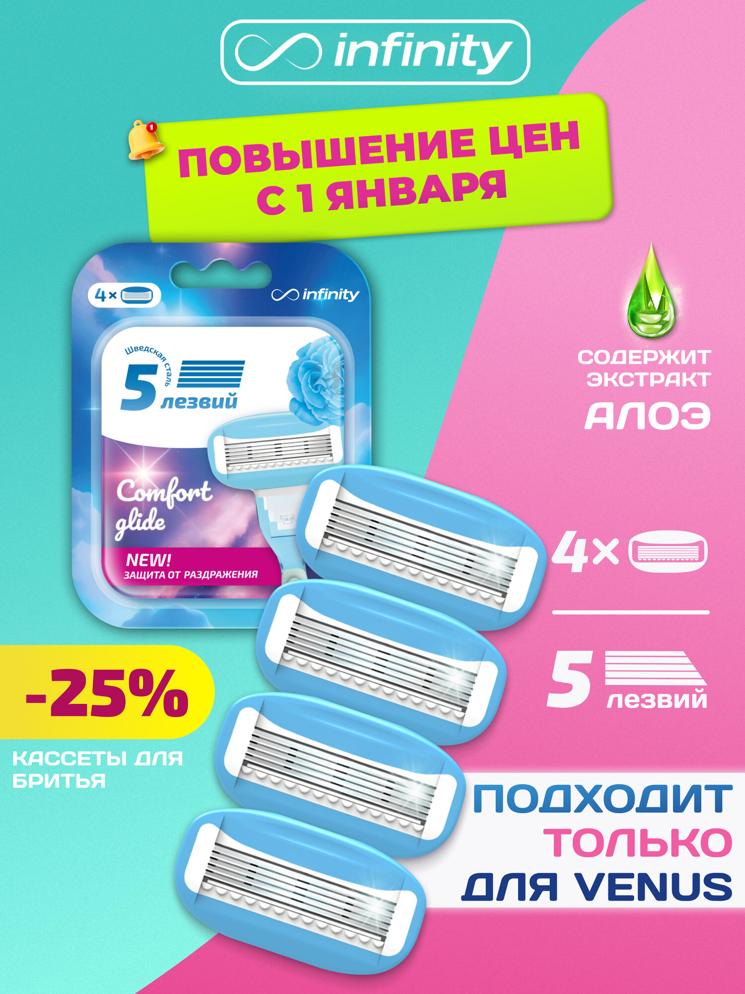 Кассеты для бритья женские INFINITY 4 шт, совместимы c VENUS