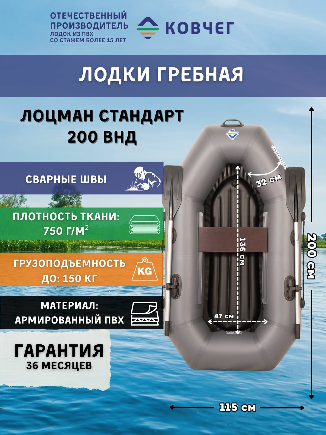 Лодка ПВХ гребная для рыбалки Лоцман Стандарт 200 ВНД (серый)