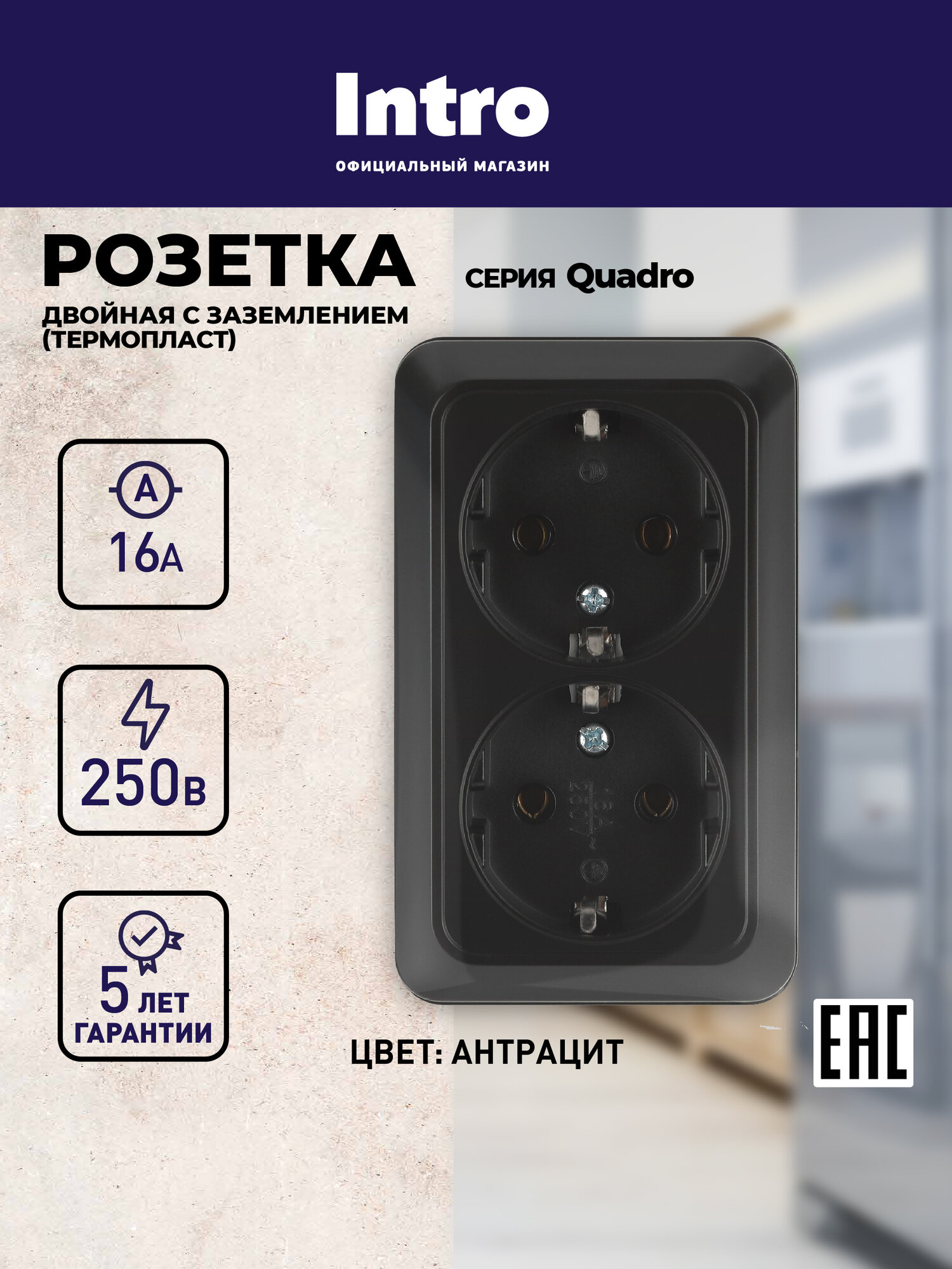 Розетка накладная Intro Quadro двойная с заземления 2P 16А-250В IP20 открытой установки антрацит