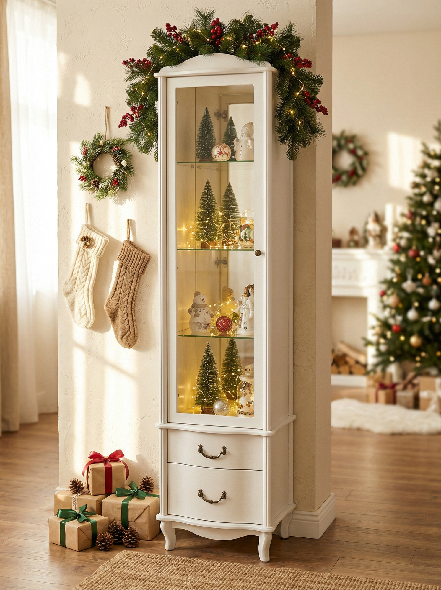 Шкаф-витрина IFERS Джульетта, с зеркалом, с полками и ящиками, цвет молочный дуб Л