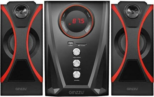 Ginzzu GM-407 2.1 с Bluetooth, выходная мощность 20Вт + 2х10Вт, аудиоплеер USB-flash, SD-card, FM-радио, пульт ДУ - 21 кнопка, стерео вход (2RCA), экв
