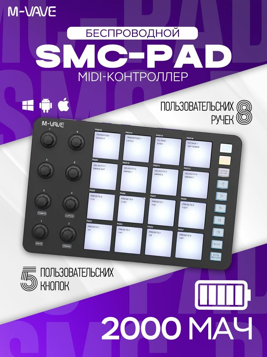 Беспроводной MIDI-контроллер M-VAVE SMC-PAD, MIDI-контроллер с RGB-подсветкой клавиатуры черный