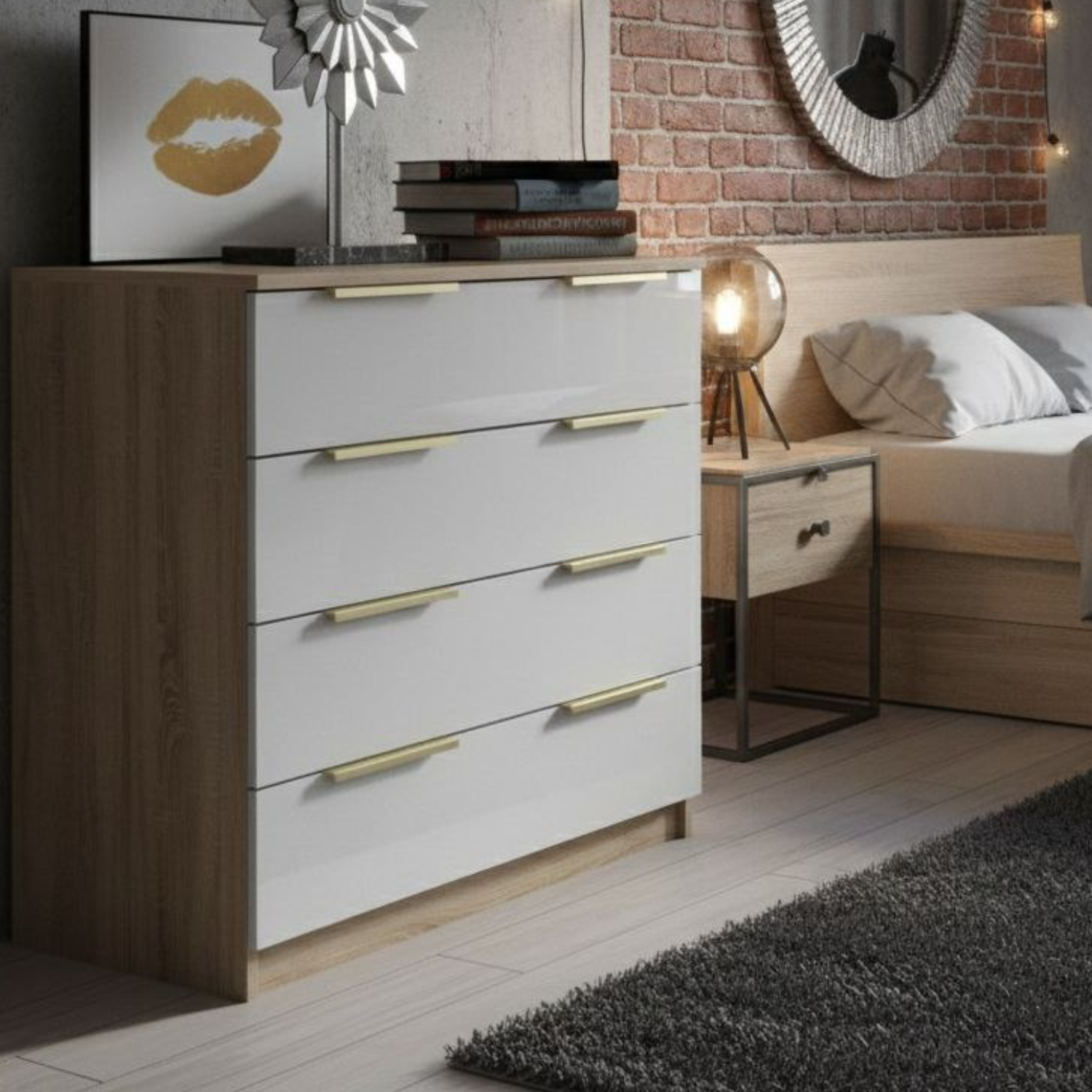 Комод 4 ящика Римини (80х44,4х82,2 см), Дуб сонома/Белый матовый, шариковые направляющие