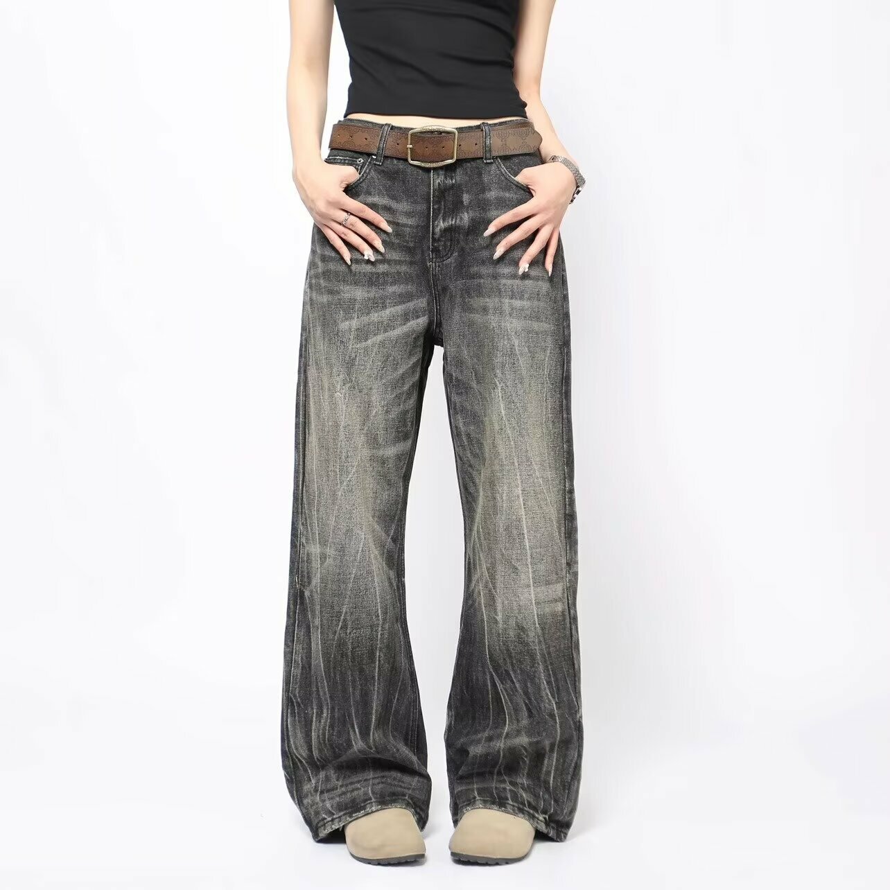 JYL Джинсы Женские Карго Винтажные Большие Карманы Стильные Деним, Размер_S