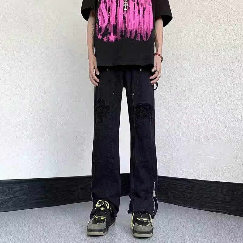 Тренд RONG CH Мужские Белые Джинсы Потертые Молния Высокий Улица Деним, Размер_3XL