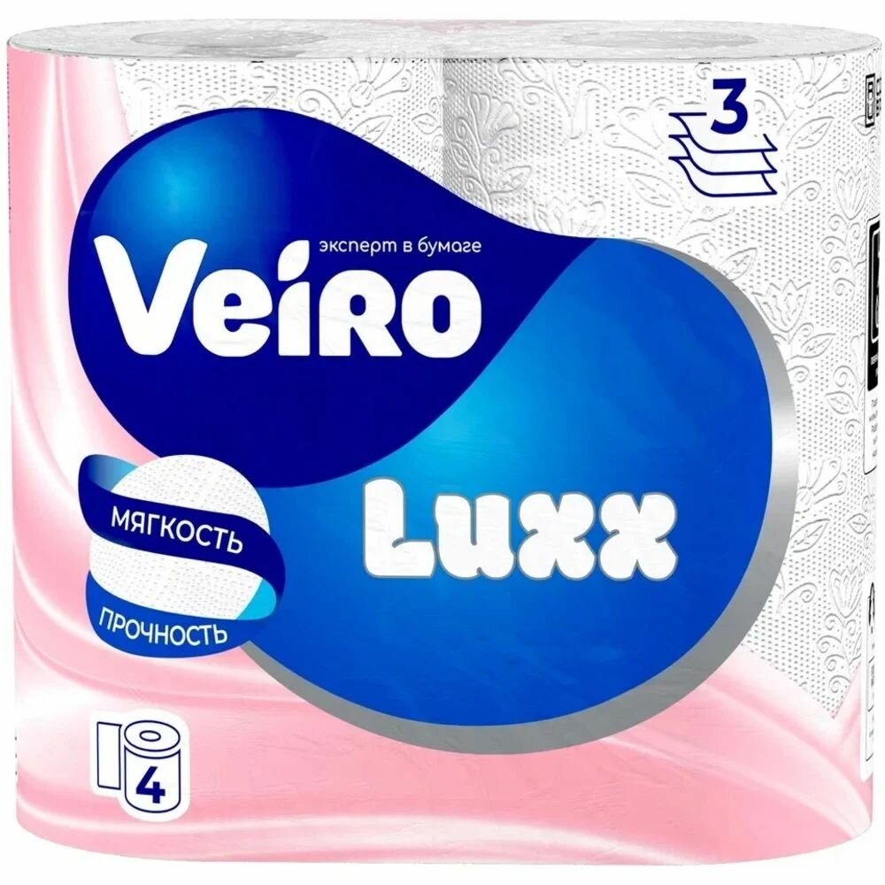 Бумага туалетная бытовая VEIRO Luxoria спайка 4 шт, 3-х слойная, белая 5С34 123210