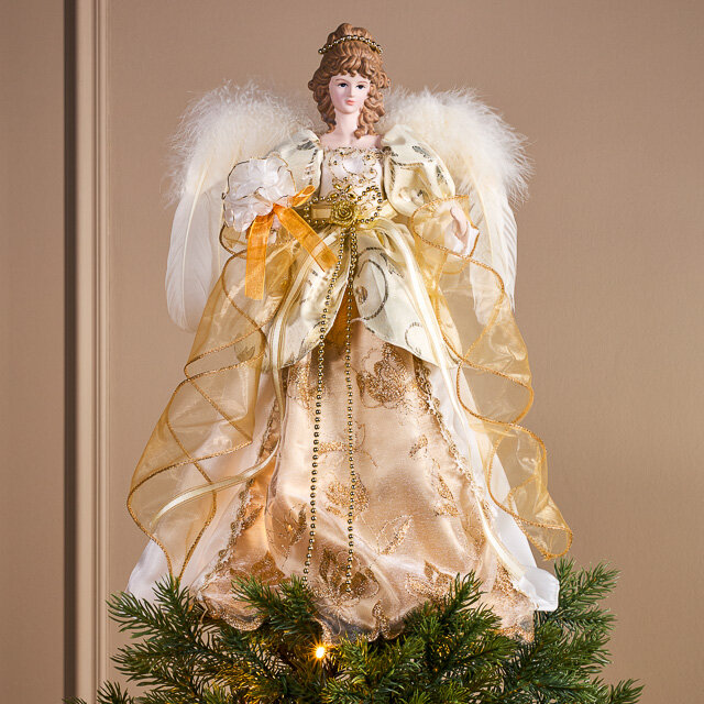 Верхушка на елку Ангел Шарлиз в платье с золотыми лентами 43 см, Kurts Adler (Куртс Адлер), J6060-1