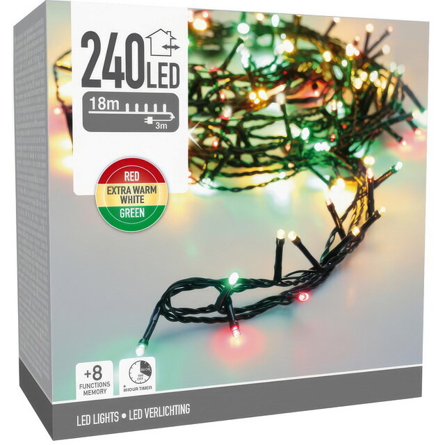 Светодиодная гирлянда Koopman Comfort Italian 18 м, 240 разноцветных LED ламп, зеленый ПВХ, контроллер, таймер, IP44, Koopman (Купман), AX8454540