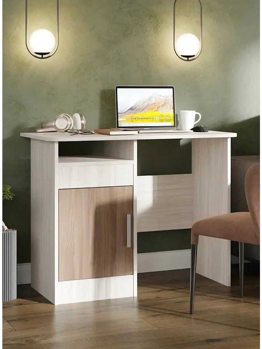 Стол компьютерный №4, с тумбой для хранения, ЛДСП, цвет- ясень шимо тёмный/ясень шимо светлый (0,97х0,5х0,75 см)