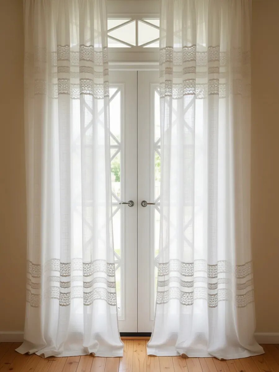 Тюль "Онега" тончайшая 100% льняная вуаль, два вида кружева.