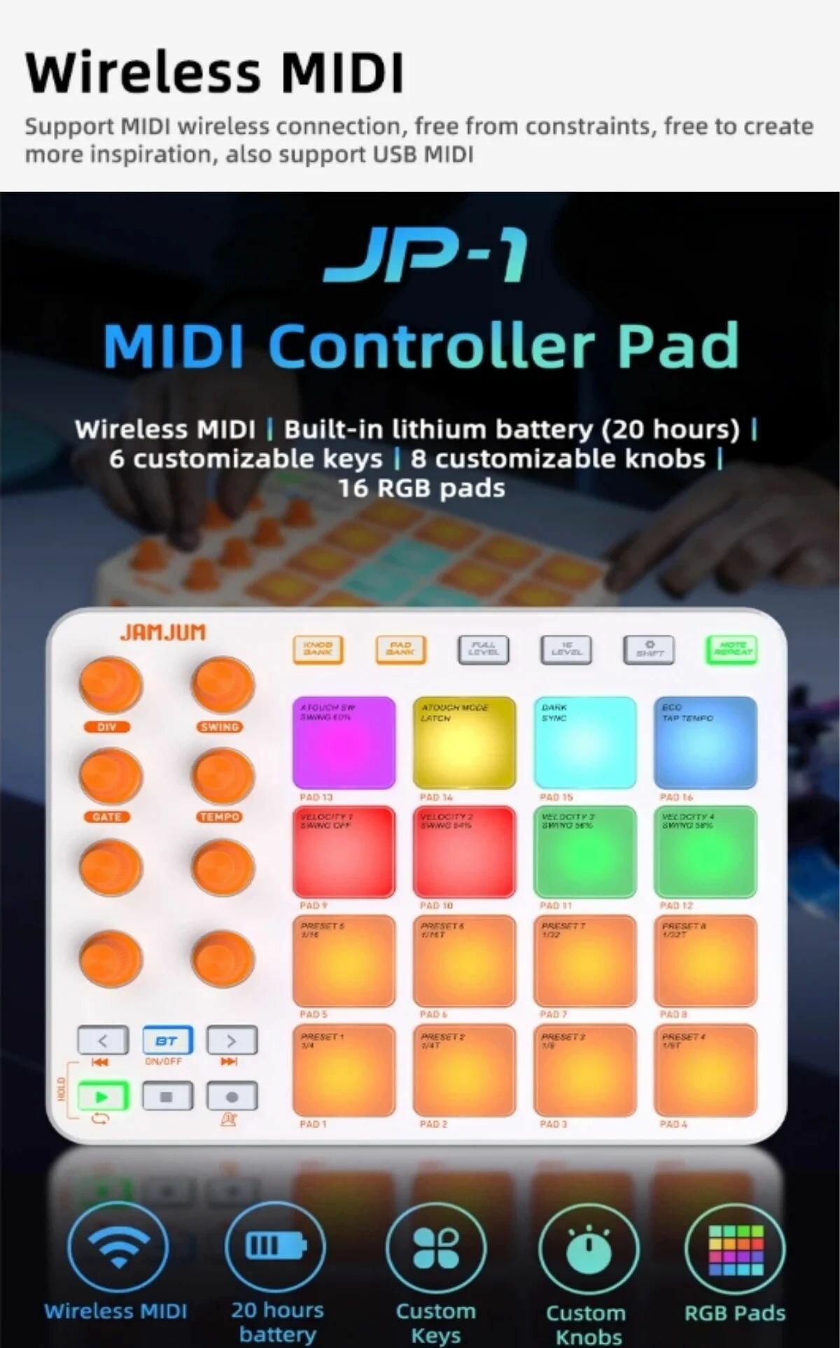 JAMJUM JP-1 Беспроводной MIDI-контроллер, 16 RGB-пэдов + USB, низкая задержка для студийной записи и аудио-продакшена