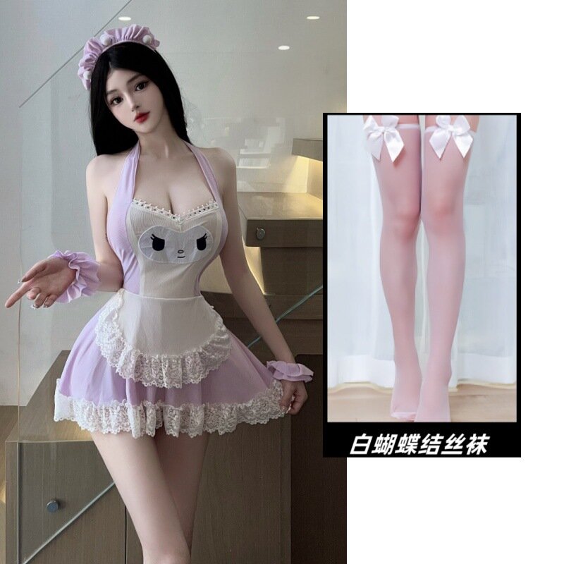 Сексуальное прозрачное милое платье-сарафан для ролевых игр в стиле горничной/горничной, с подтяжками, улыбающимся лицом и белыми чулками с бантиками.