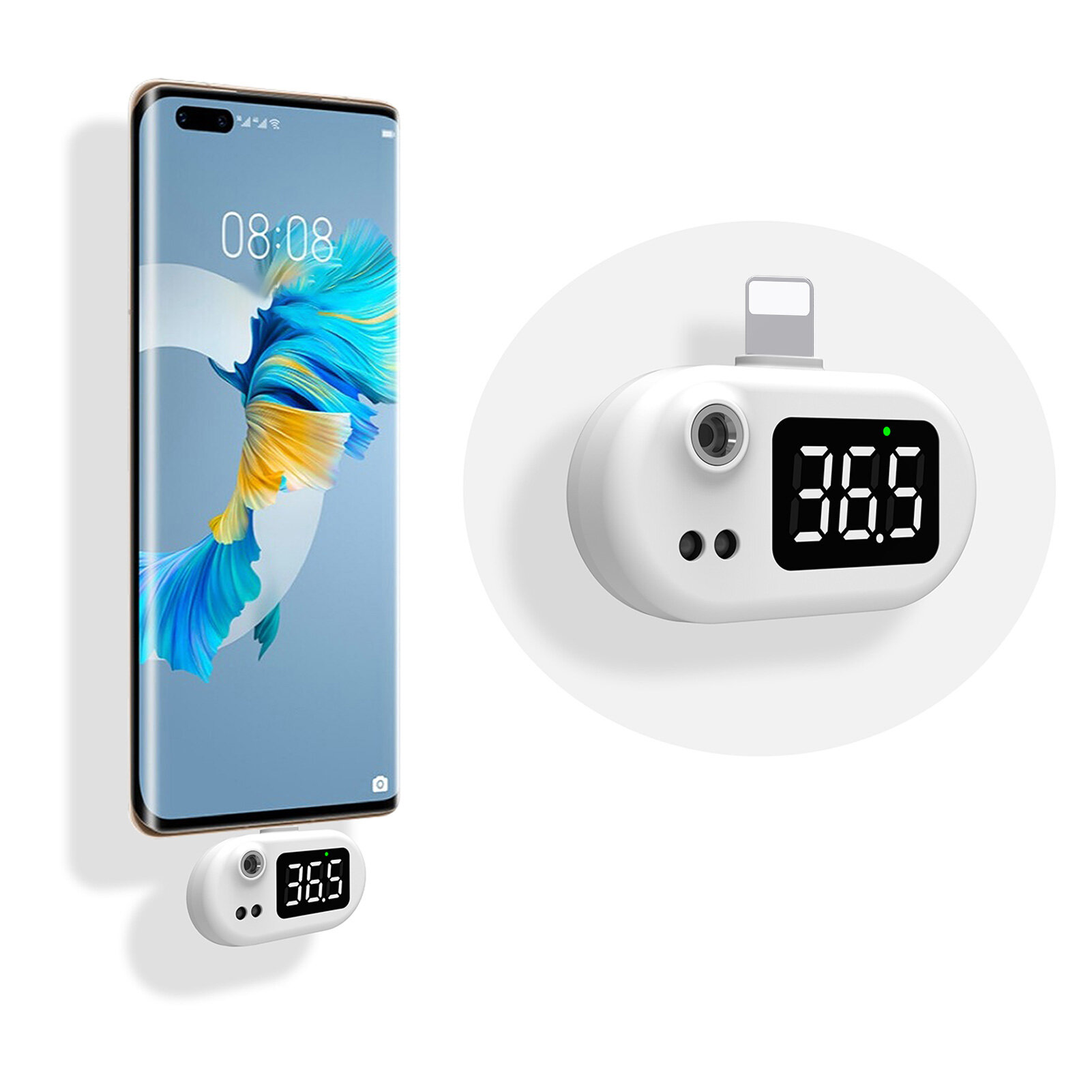 USB Термометр Интеллектуальный Портативный Мини Телефонный Без Контакта Инфракрасный для Взрослых и Детей Устройство Измерения Температуры Переключение ℃/℉ Материал ABS Цвет Белый Интерфейс iOS Type-C Android Опционально Мощность DC 5V Время Измерения 1