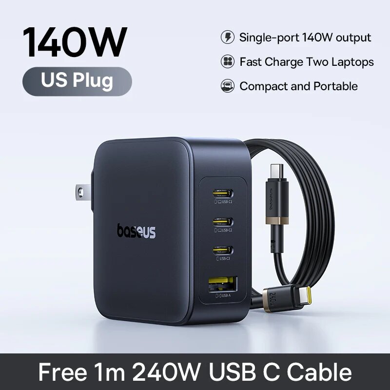 【Новая распродажа】Baseus 140 Вт GaN Зарядное устройство PD Зарядное устройство US Plug With Cable