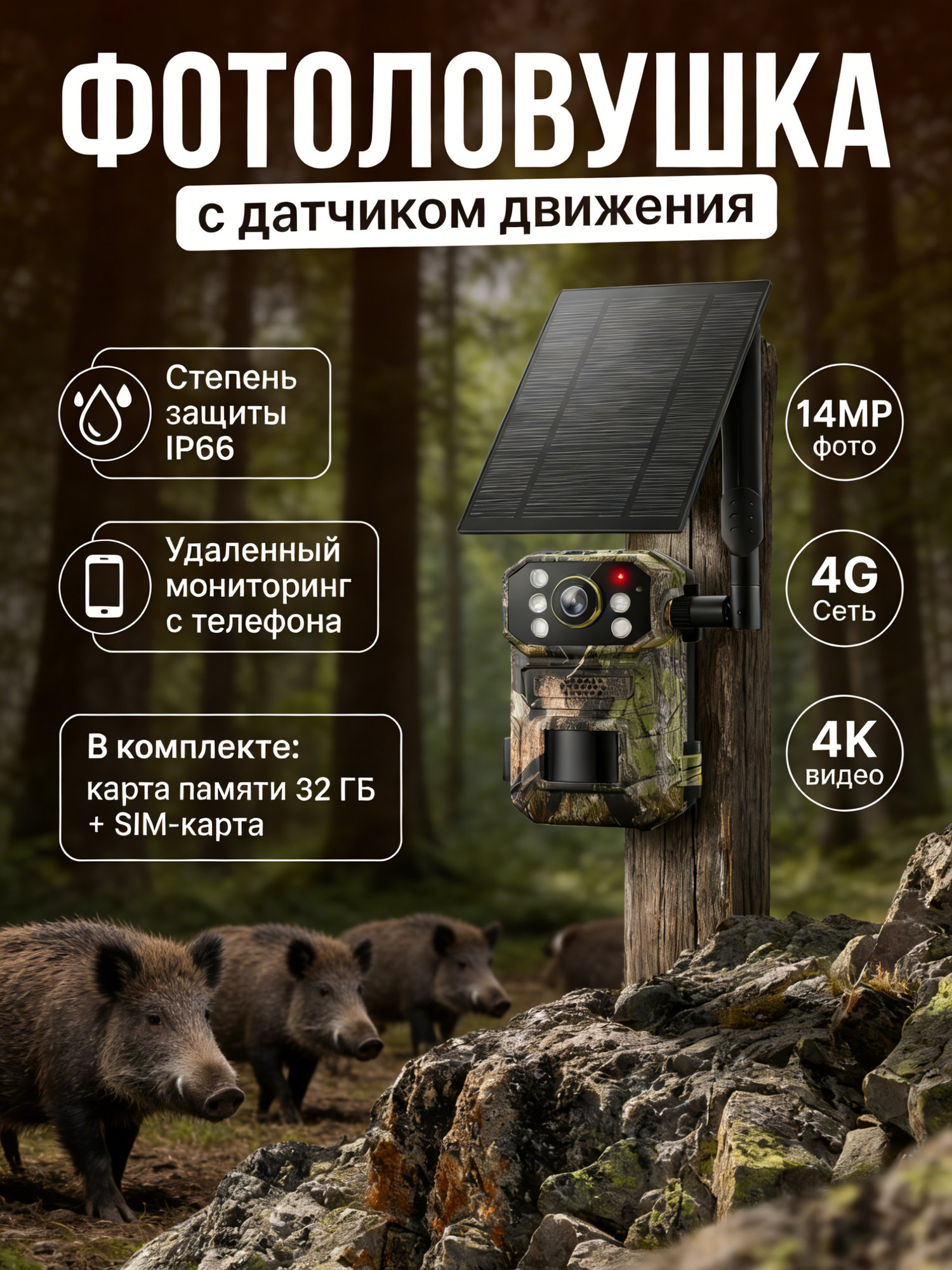 Фотоловушка, ночное видение, сим-карта, высокая четкость, водонепроницаемая, пылезащитная