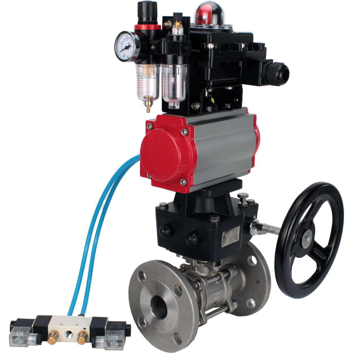 Кран шаровой DN.ru кшфпт.316.180 Ду100 Ру16 полнопроход. трехсоставной, фланц, нерж. сталь 316, PTFE, 22х22, F10, WDVF, пн/привод DA-105, пн. распр. PND1-S2EM-52-2-T10-220VAC, БКВ LSB-410-02ExM12-250, дублер HDM-3 и БПВ APU1-10-40-V08 (опрессовано)