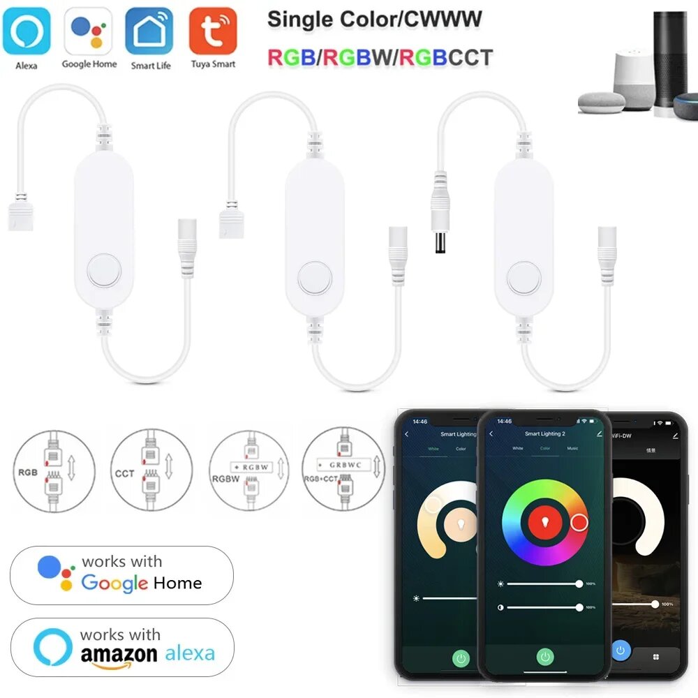 Мини-контроллер Tuya WiFi Smart LED DC12V-24V Для Светодиодной Ленты 5050 2835 RGB/RGBW/RGBCCT, COB-ленты