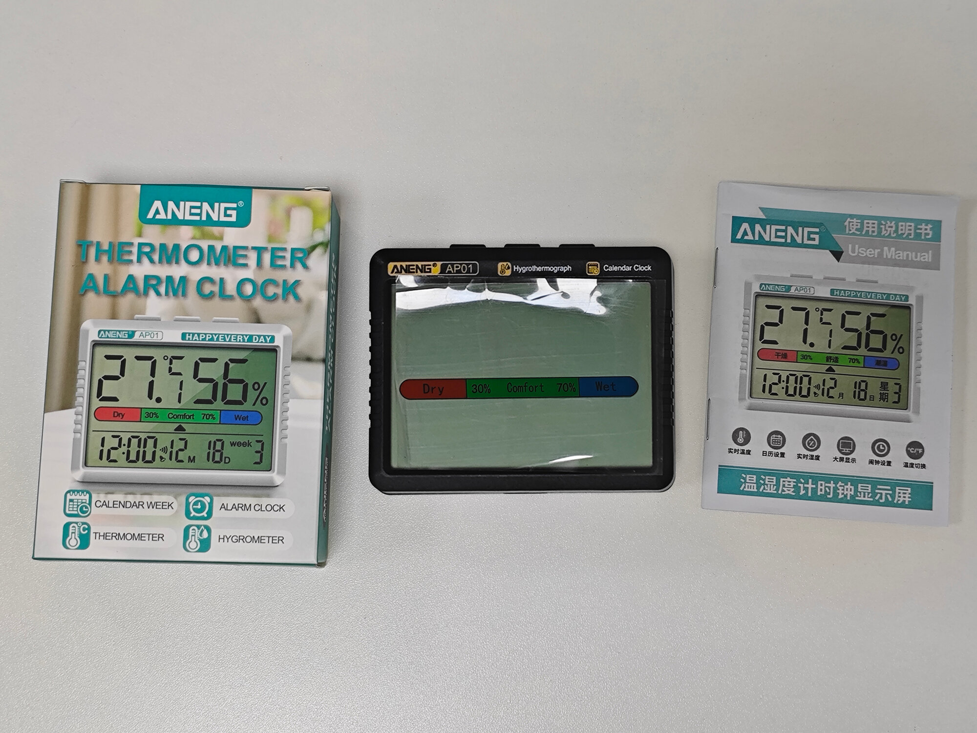 Термометр-гигрометр Многофункциональный перезаряжаемый измеритель температуры и влажности Функция будильника Календарь Недельный дисплей Удобное напоминание, повтор на 5 минут Часы Термогигрометр с подсветкой