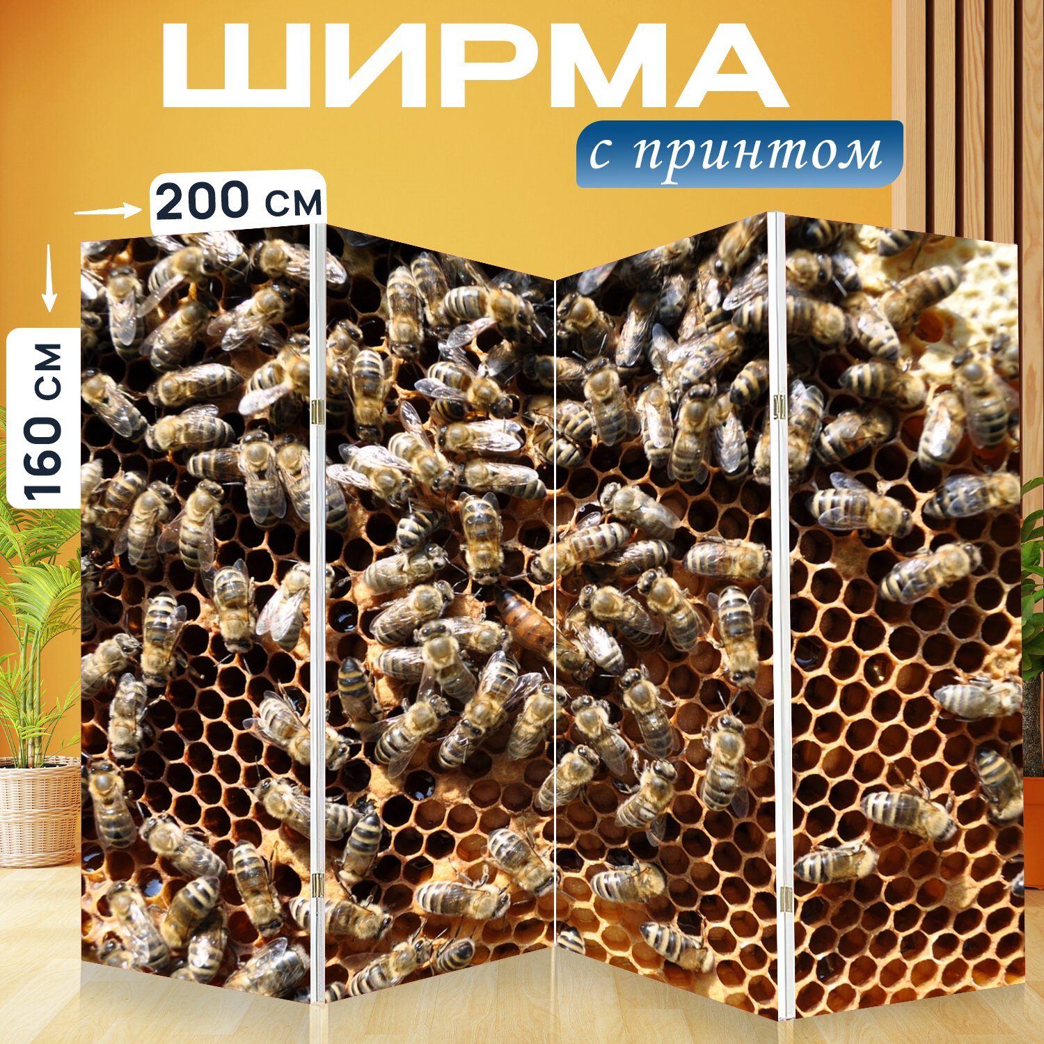 Ширма "Пчелы, сота, пчеловодство" перегородка для зонирования комнаты с принтом 200x160 см. на холсте