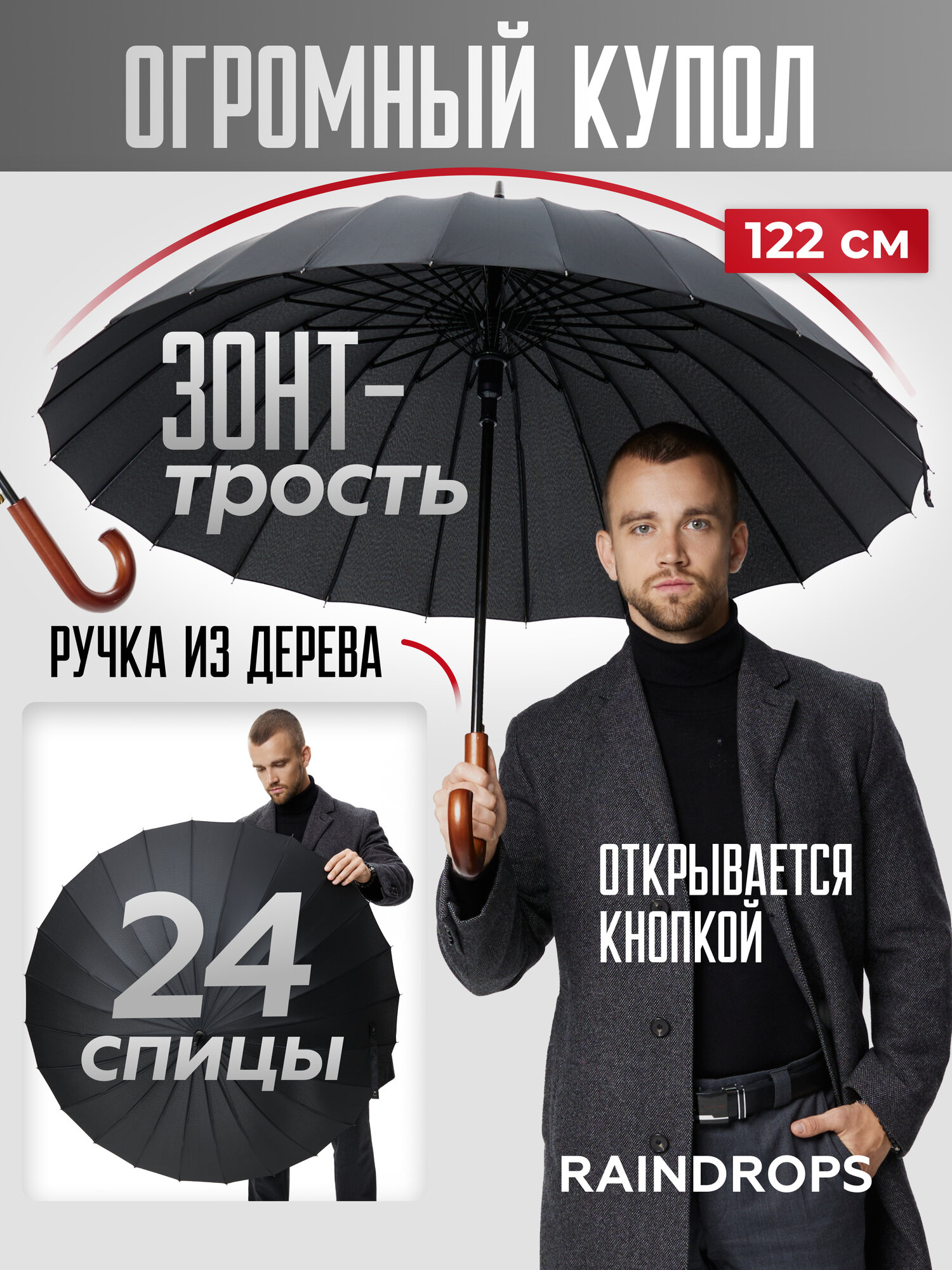 Зонт-трость RAINDROPS, черный