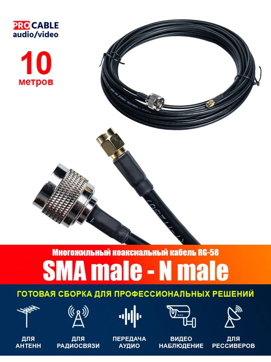 Кабельная сборка RG-58 A/U BK с разъемами SMA-M-N-M