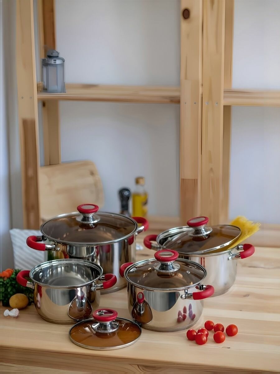 Набор Кастрюль С Крышкой И Толстым Дном Для Кухни и Готовки. Маленьких, Больших Из Нержавеющей Стали Для Газовых, Электрических, Индукционных Плит. Красный, 4шт