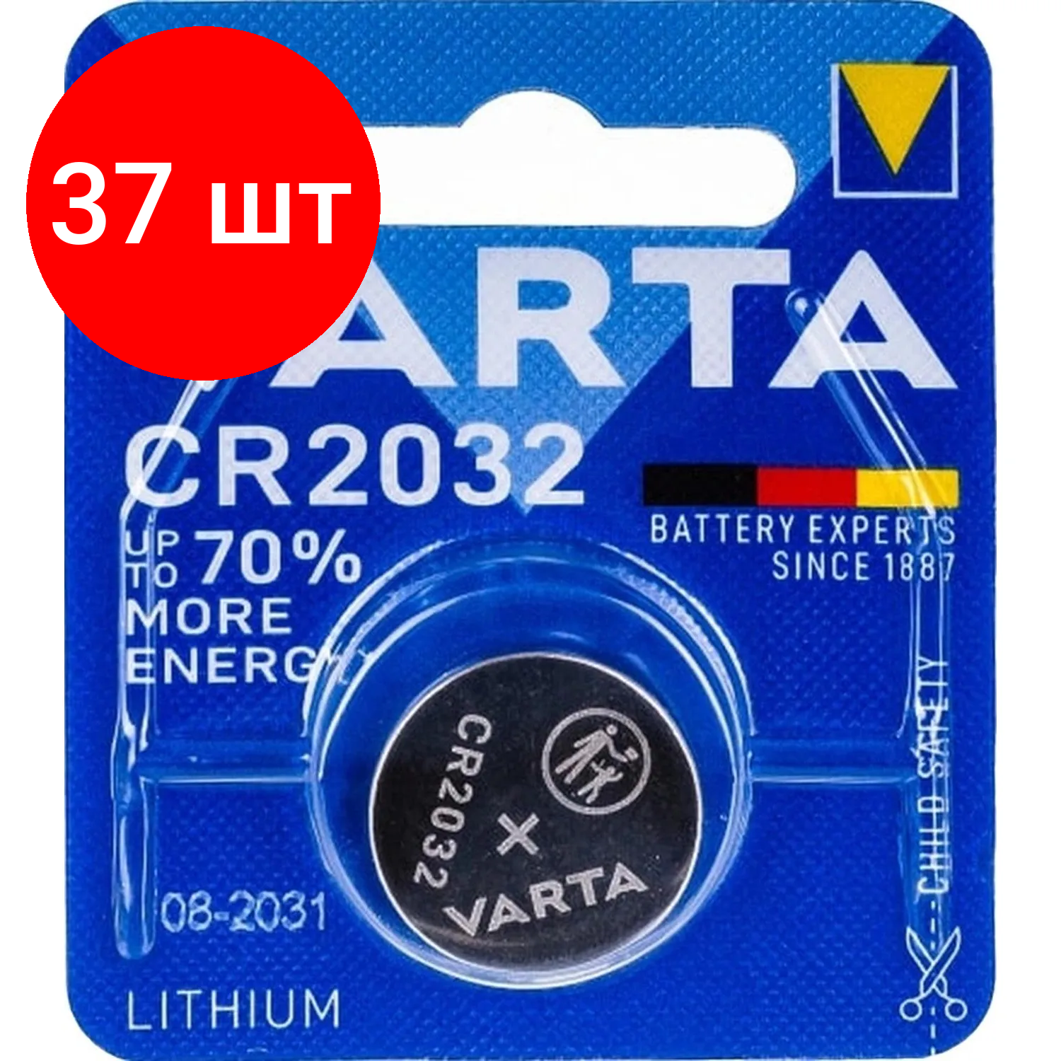 Комплект 37 штук, Батарейка Varta ELECTRONICS CR2032 BL1 Lithium 3V (6032) (6032101401)