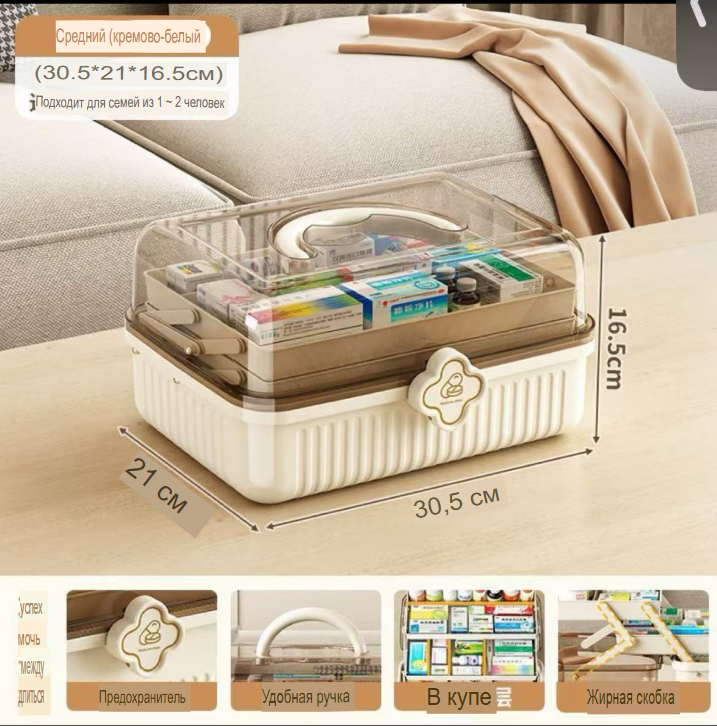 Аптечка домашняя большая контейнер органайзер для хранения лекарств и медикаментов дома пластиковый , 30.5*21*16.5cm