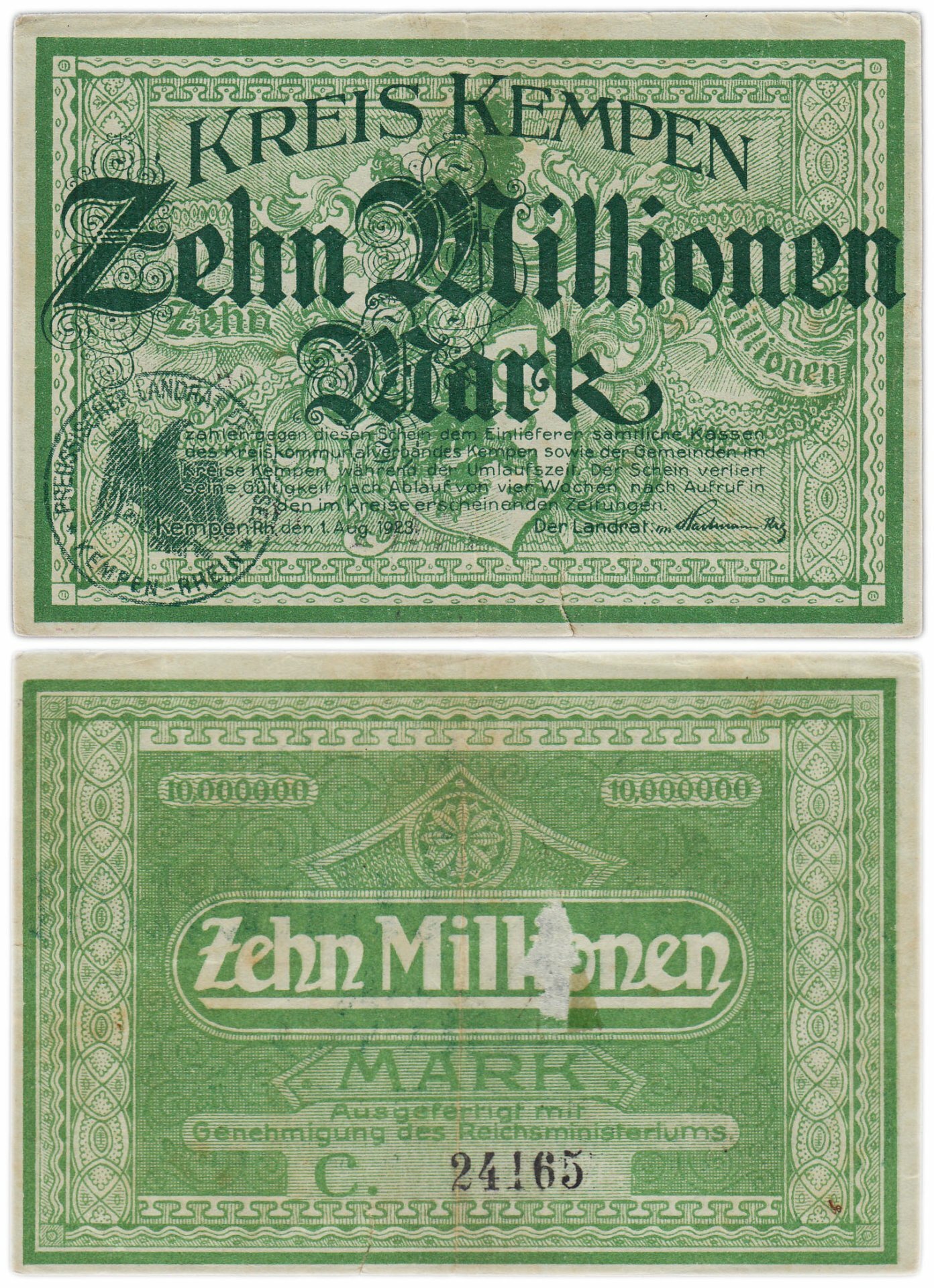 Германия Kempen Rheinland 10000000 10 млн марок 1923 год