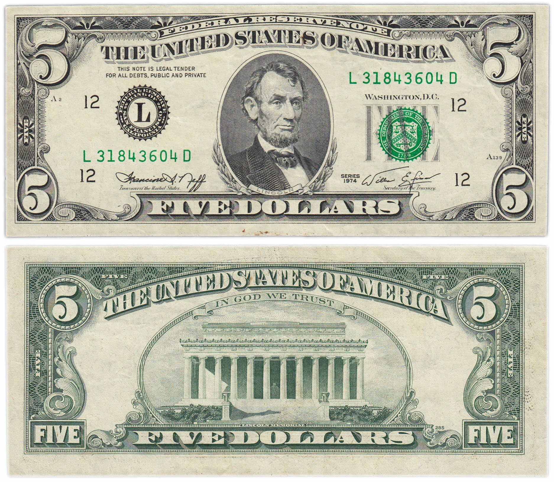 США 5 долларов 1974 год Pick 456 L-Сан Франциско