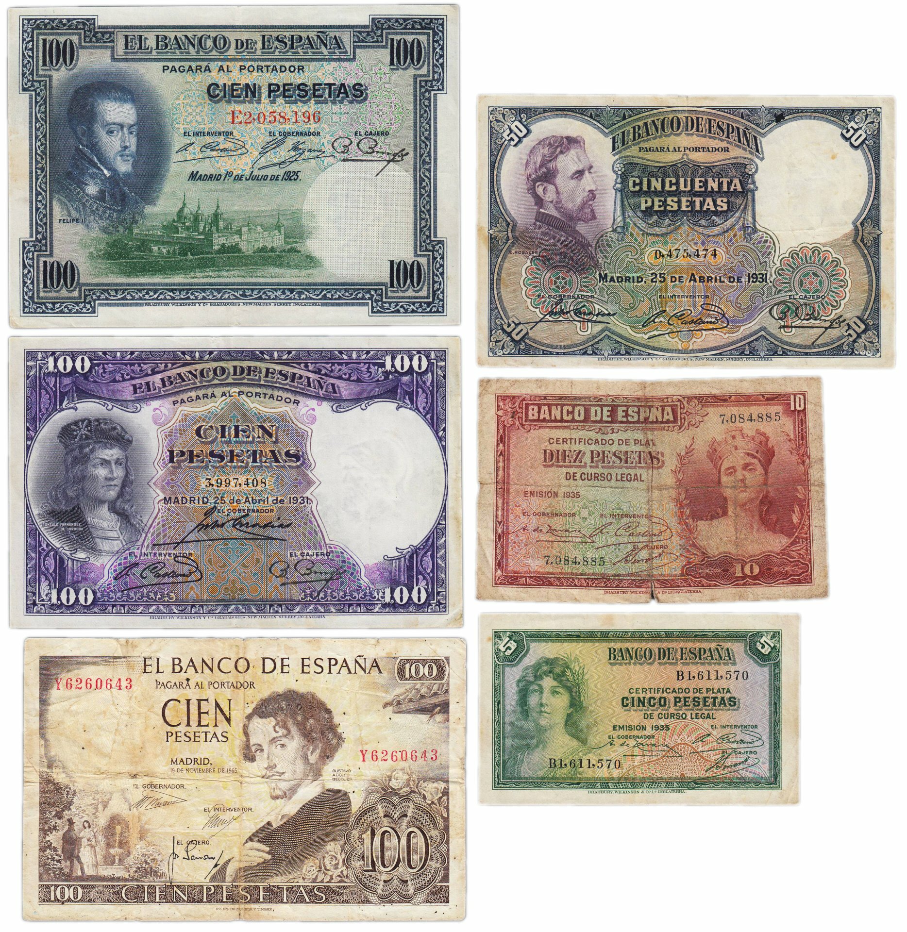 Большой набор Испания 5, 10, 50 и 100 песет 1925, 1931, 1935, 1965 гг 6 бон