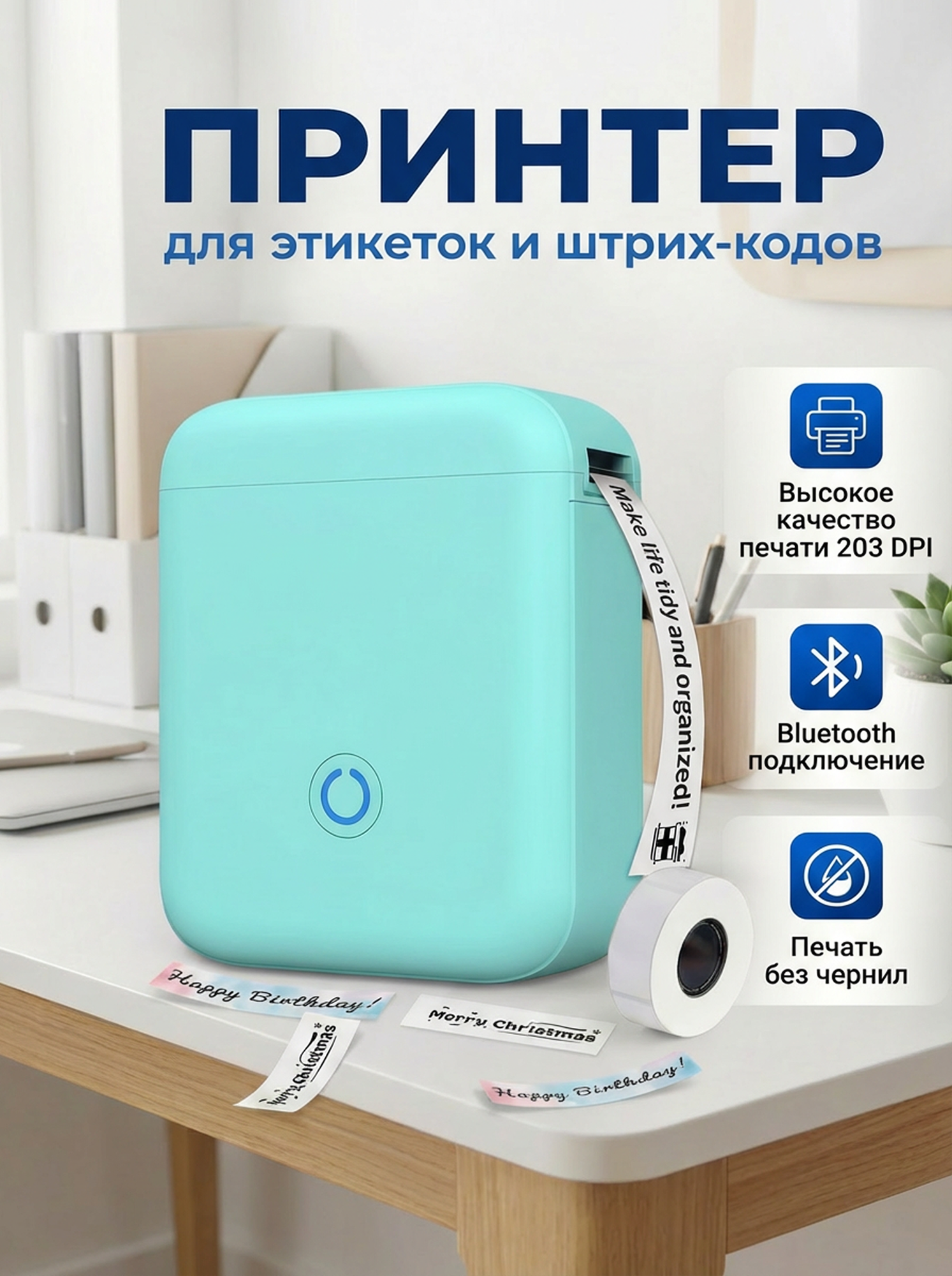 Термопринтер для печати этикеток, штрих-кодов с Bluetooth для смартфона