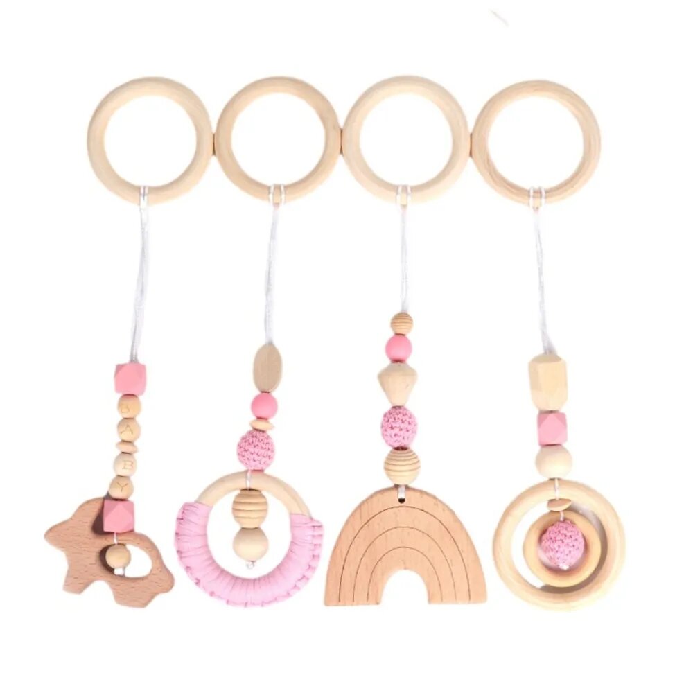 Подвесные игрушки на детский игровой тренажер деревянные, набор 4 шт, грызунки-прорезыватели в скандинавском стиле, развивающие погремушки Монтессори для новорожденных