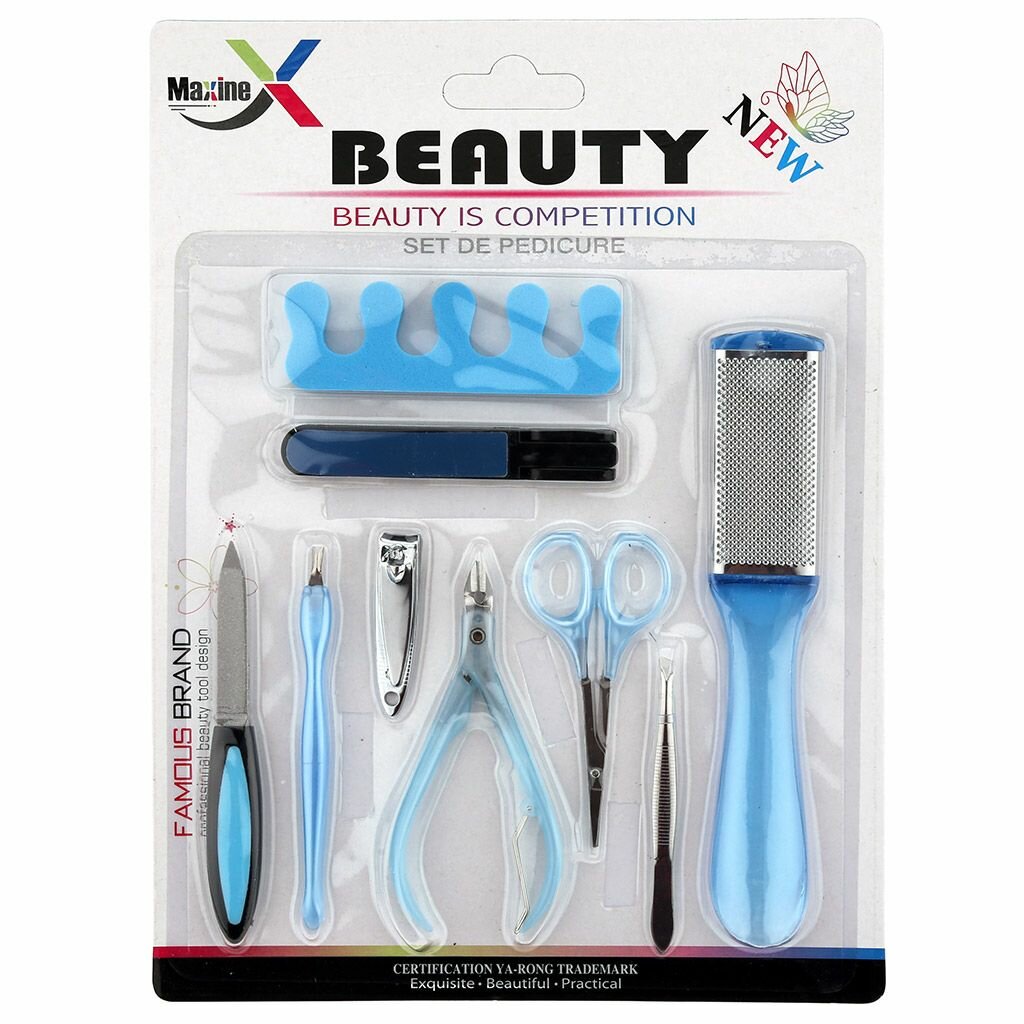 Педикюрный набор КНР 9 предметов: кусачки-книпсер, пилка, терка, пилка , складная, триммер, ножницы, кусачки-щипчики, пинцет (X-32)
