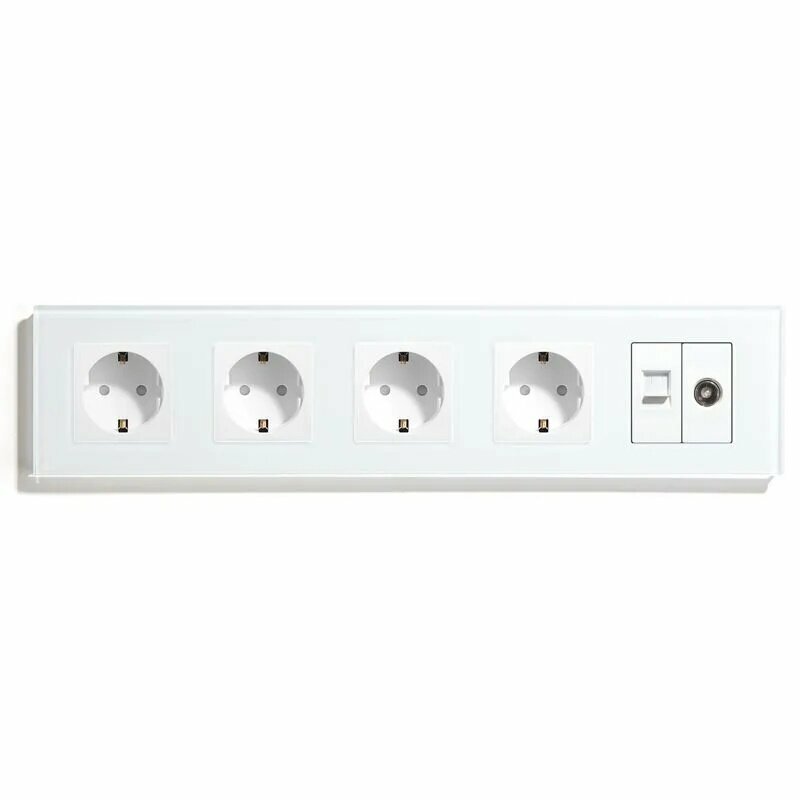 Розетка электрическая 5 поста 220В 16А+RJ45 ТВ-Компьютер Стекло Рамка белая