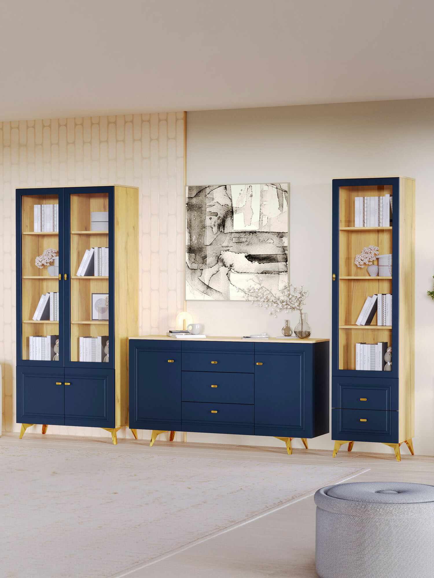 Гостиная комплект Вега Сапфир, шкаф-витрина, комод, 296.1х42.4х205 см, Дуб золотистый / Темно-синий софт